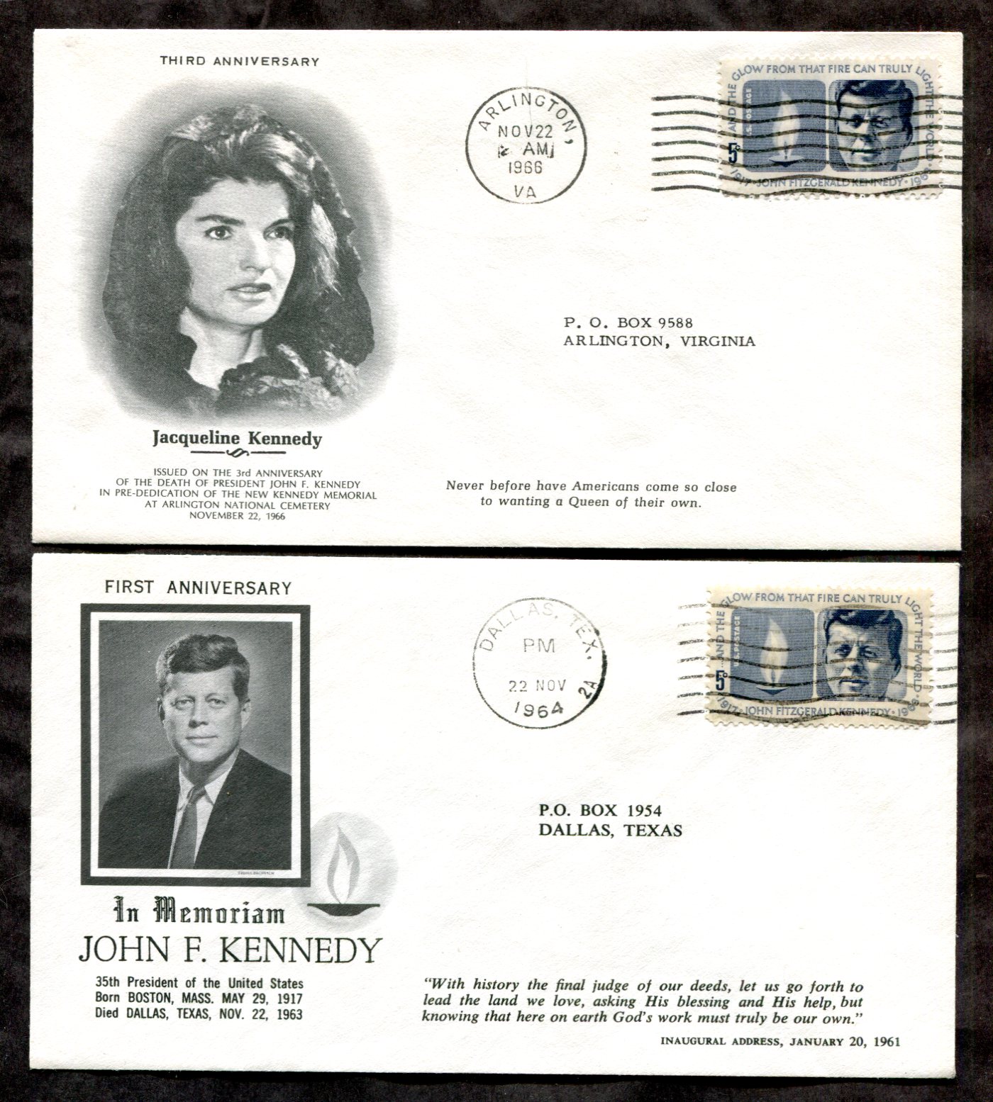 d184 - Lot of (2) JFK Covers 1964-1966. John F Kennedy & Jackie Cachets ...