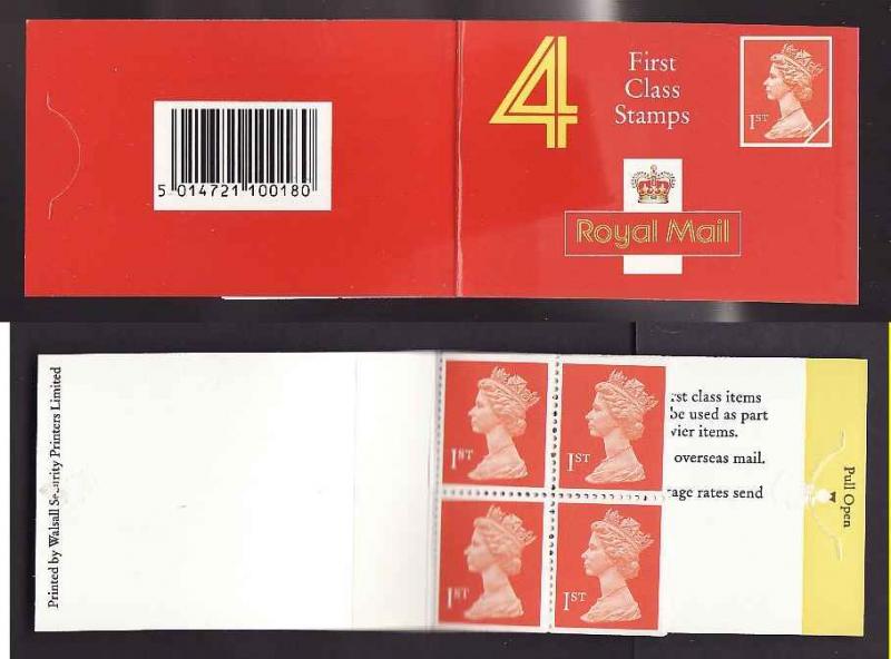 Great Britain BK996- four 1st class stamps-complete NH booklet ...