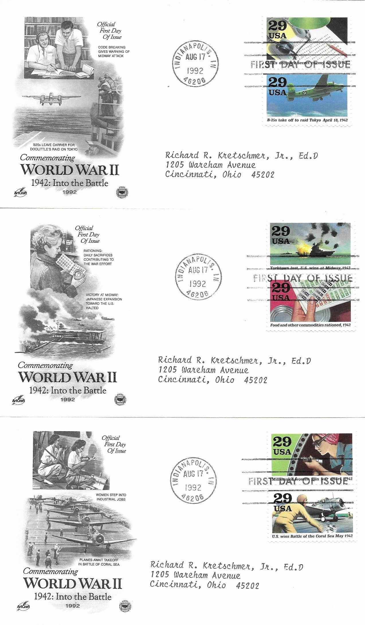 1992 FDC, #2697a-j, 29c World War II: 1942, Art Craft/PCS (5) | United ...