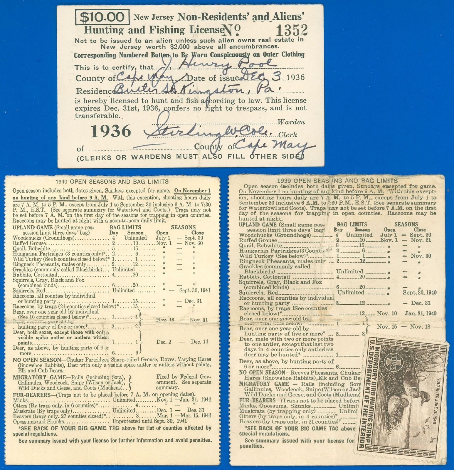 1936-40 LOT/3 Migratory Hunting Licenses W Duck Stamps! #Rw3, RW6 & Rw7 ...