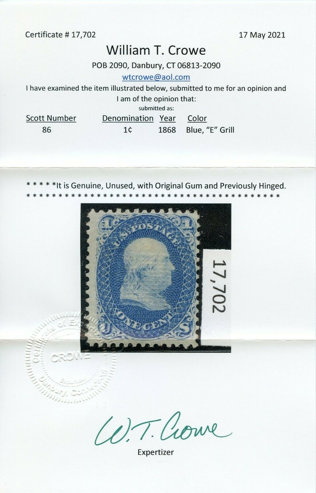 US Scott #86 Mint-Fine-Og-Lh W/ Crowe Cert "Fresh" SCV $3,000 (5/31/21 ...