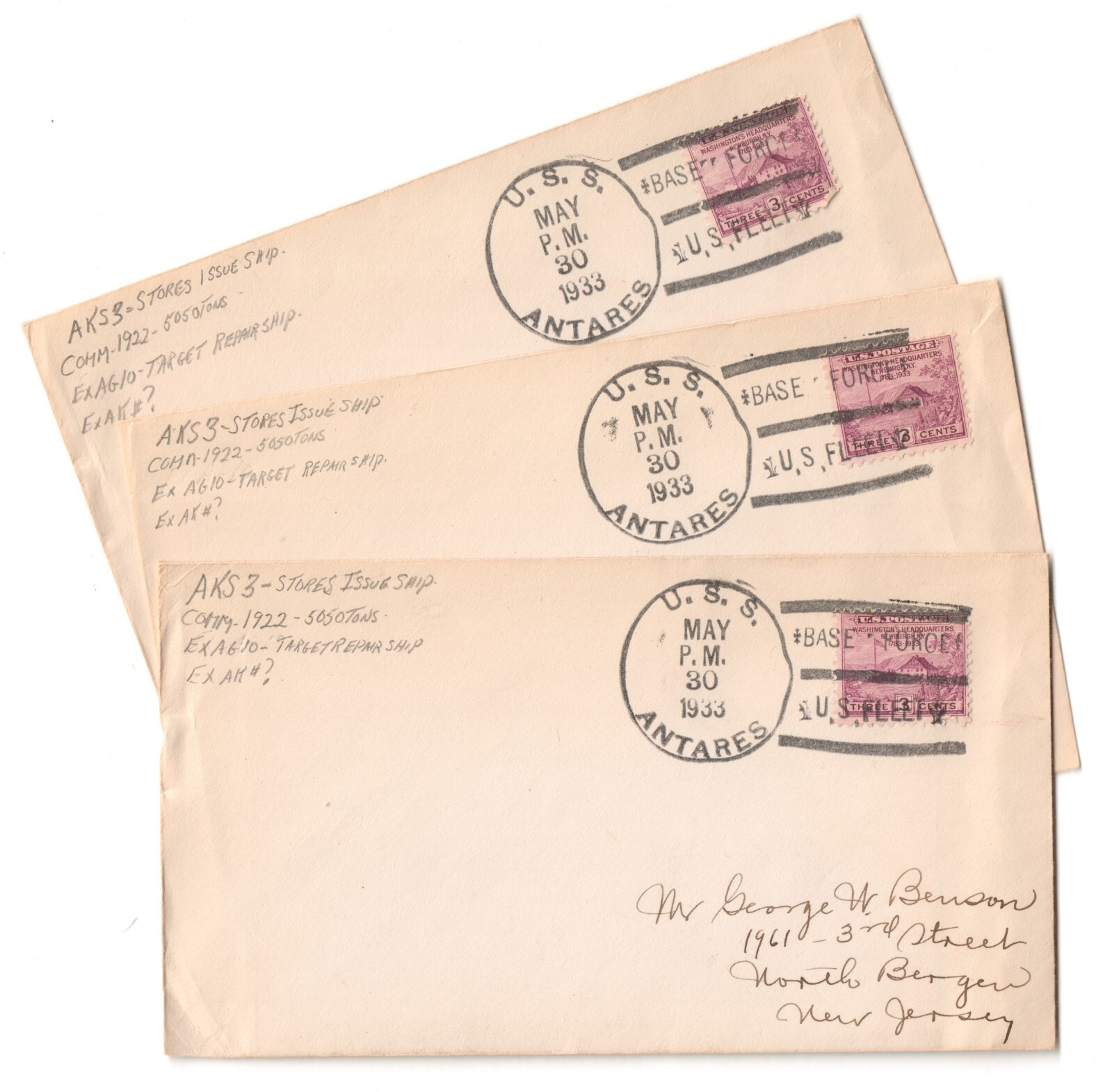 USS ANTARES (AG-10 AKS-3) Cargo Ship 1932 BASE FORCES US FLEET Naval ...