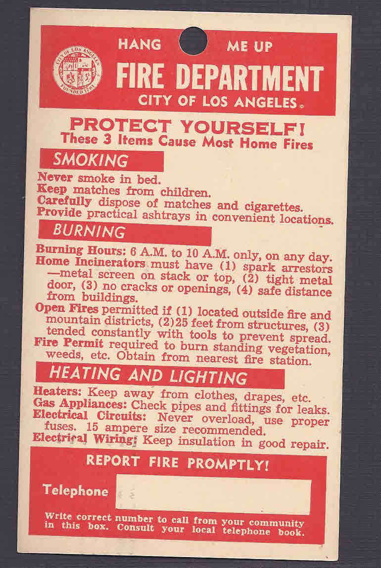 1948 Fire Department Emergency Hang UP Card for Safety, Red, LOS ...