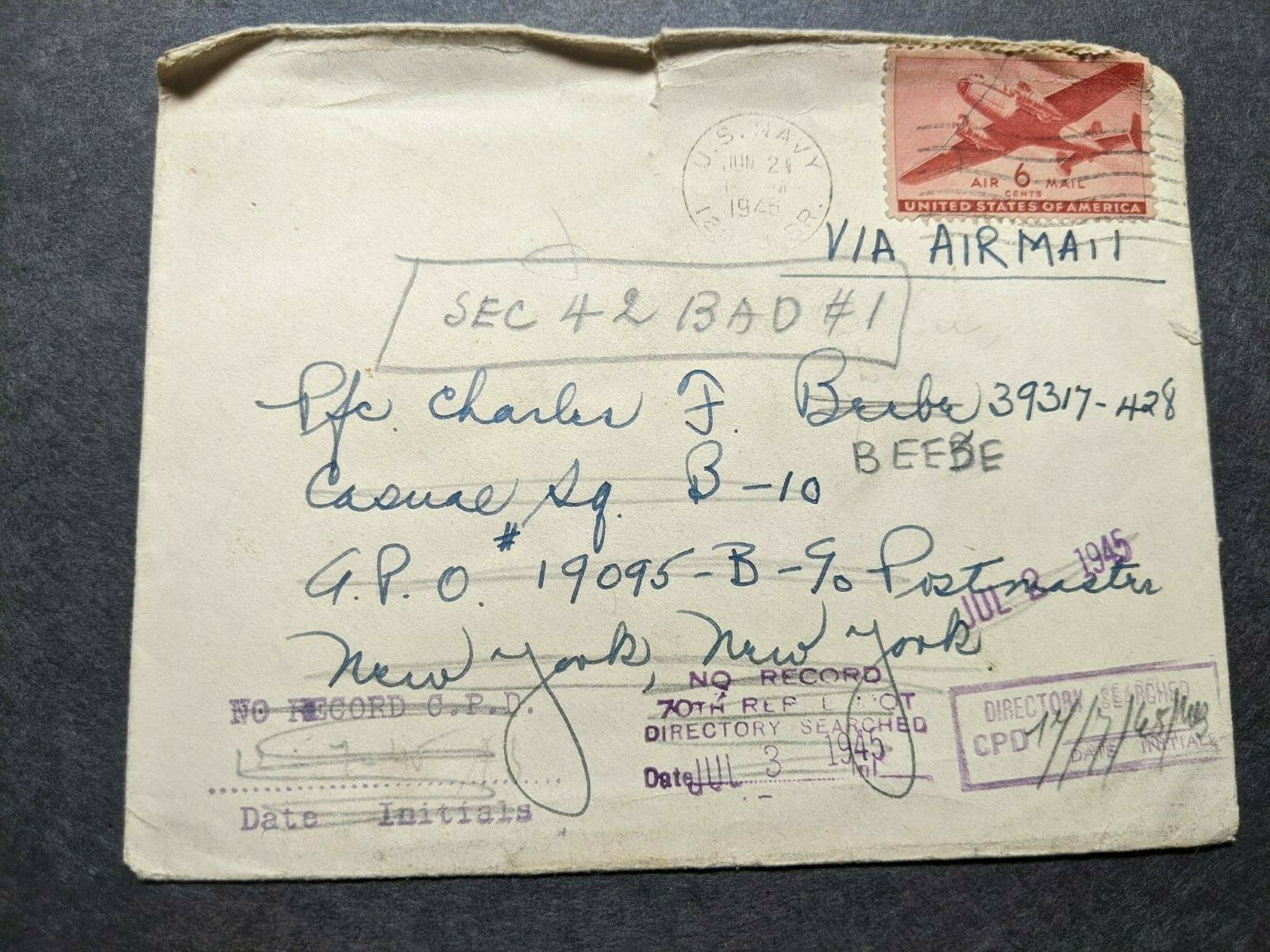 APO 19095-B USMC 3rd FAS-MCS QUANTICO, VA 1945 WWII Army Cover Soldier ...