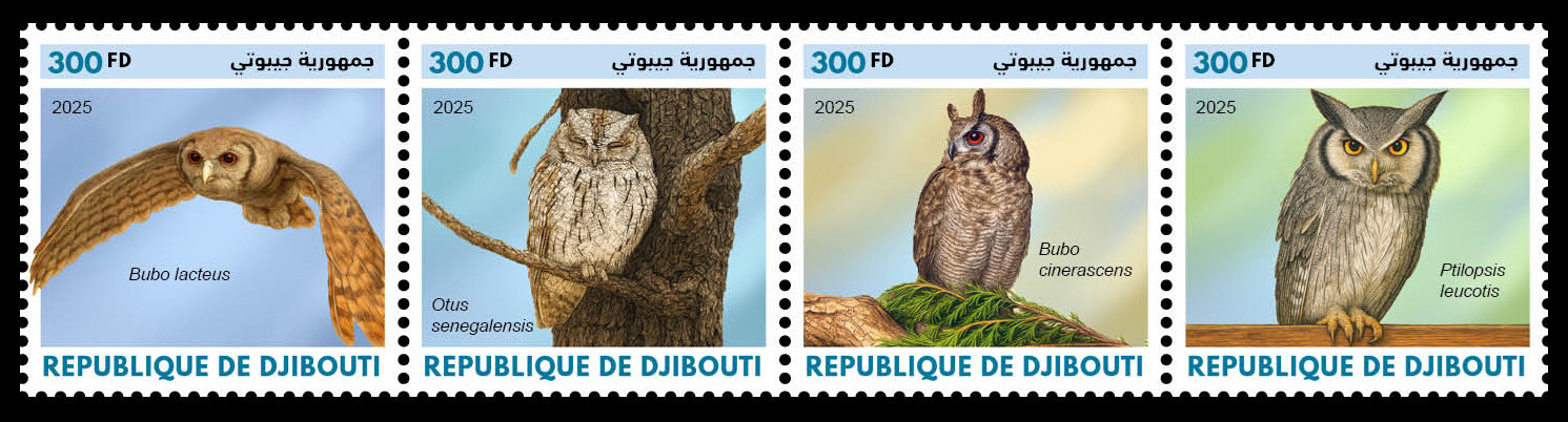 Djibouti 2025 Strip 4v - Owls of Djibouti - Birds OWL - OWL Birds - Mnh ...