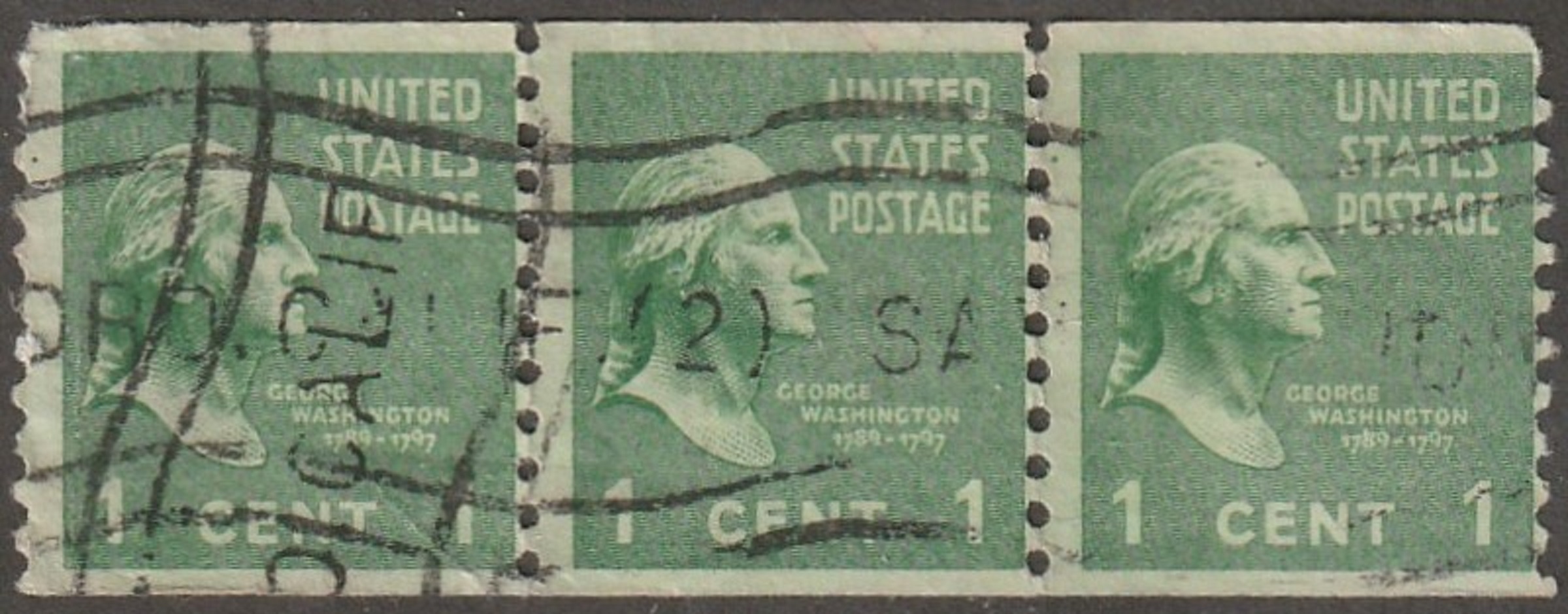 USA stamp,, Scott# 839, used, Strip of 3, Coil stamp, perf 10 vert ...