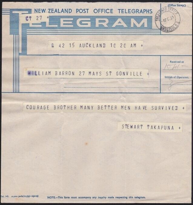 NEW ZEALAND 1939 PO Telegram form used TELEGRAPH OFFICE WANGANUI cds ...