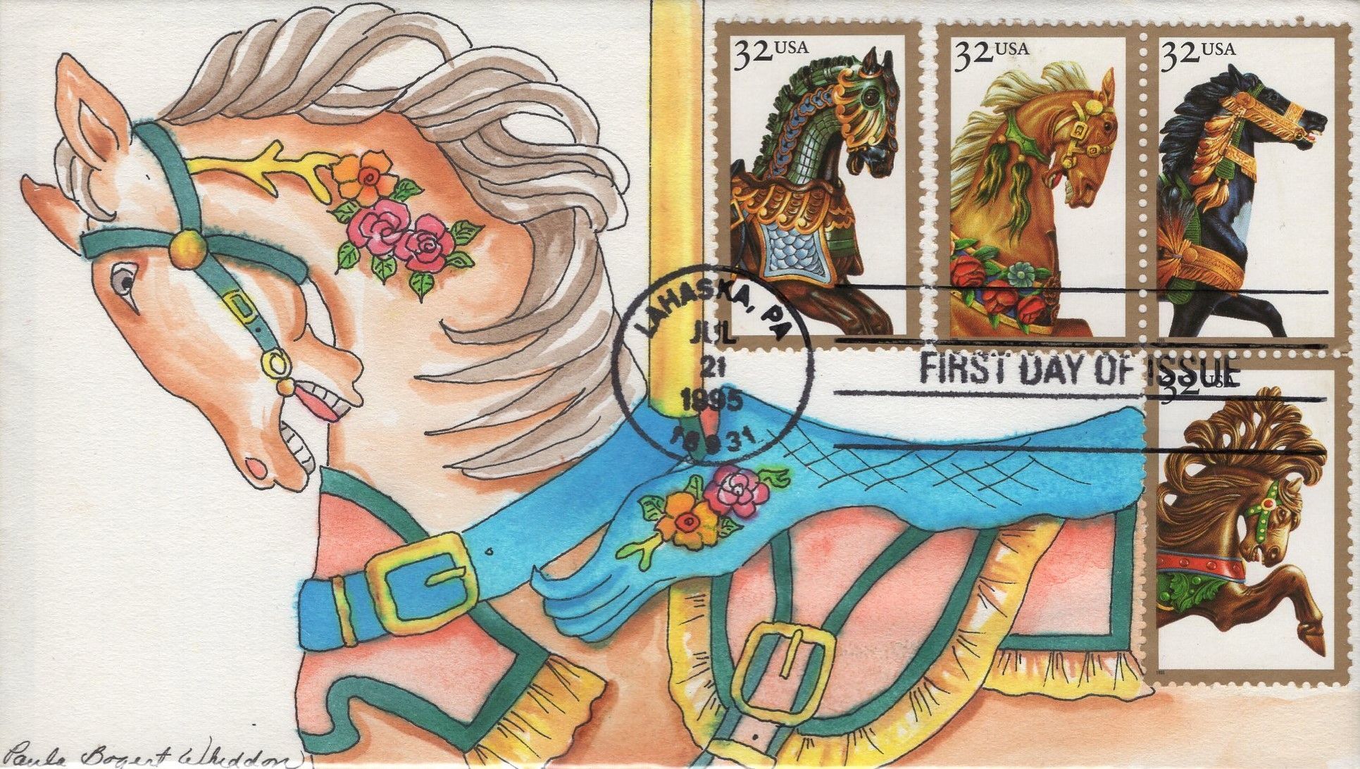 Paula Bogert Whiddon Hand Painted FDC for the 1995 32c Carousel Horses ...