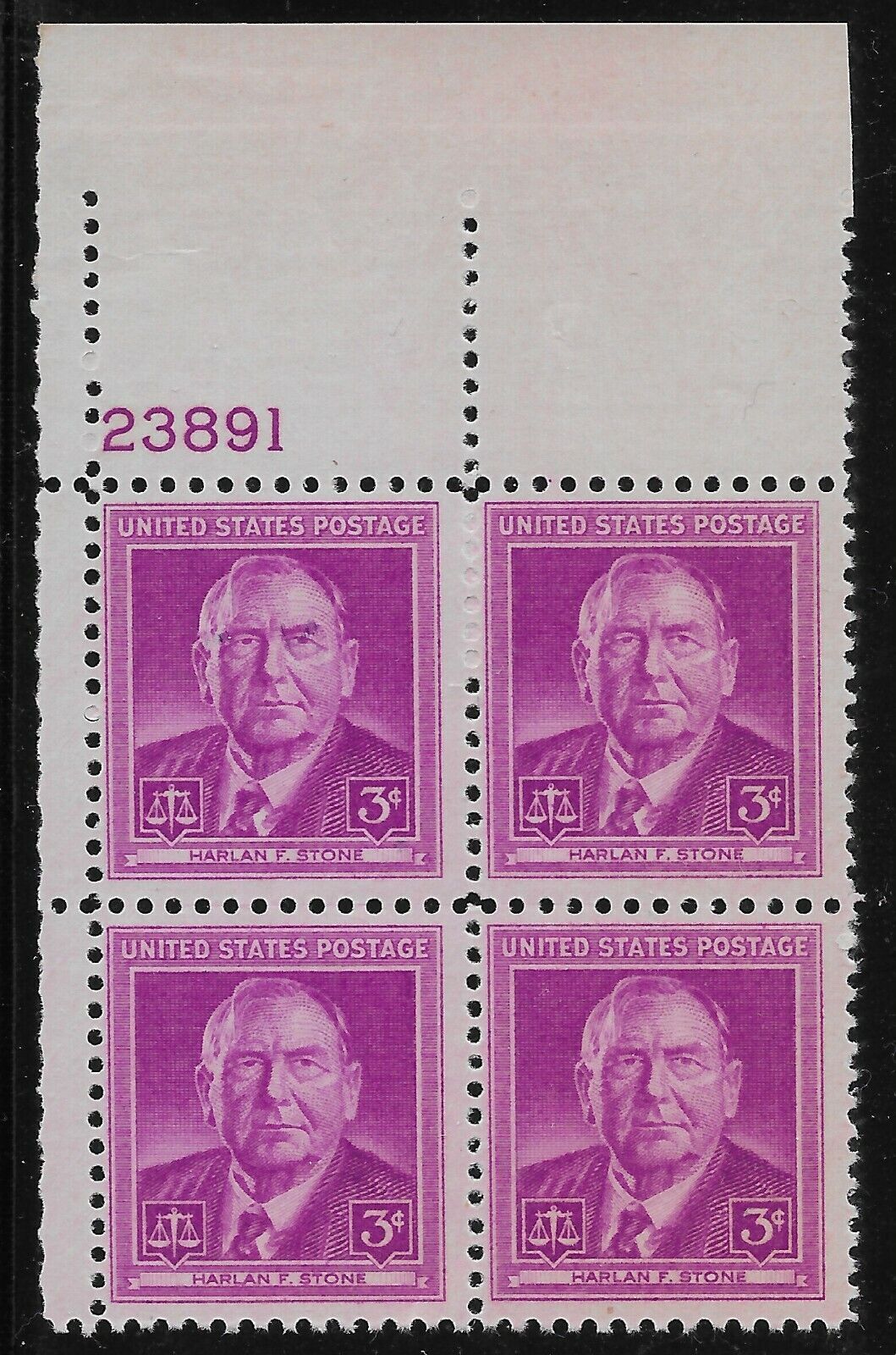 US Scott #965, Plate Block #23891 1948 Harlan Stone 3c FVF MNH Upper ...