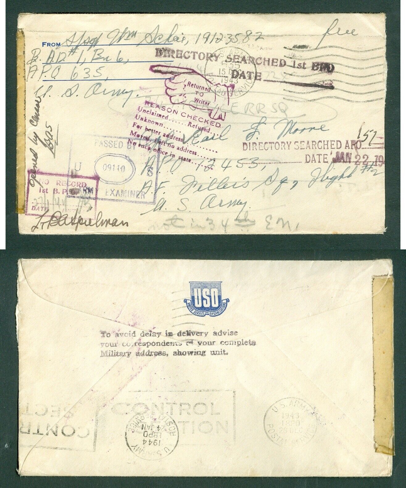 USA . Cover 1943/44. WWII. US Army. Censor,Unknown,Return,Search,No ...