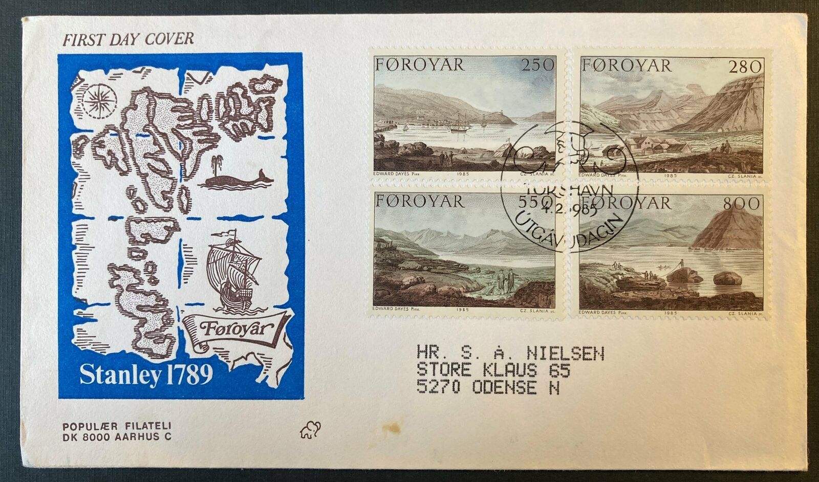 Faroe 1985 FDC jt stanley expedition art landscapes torshavn sailing ...