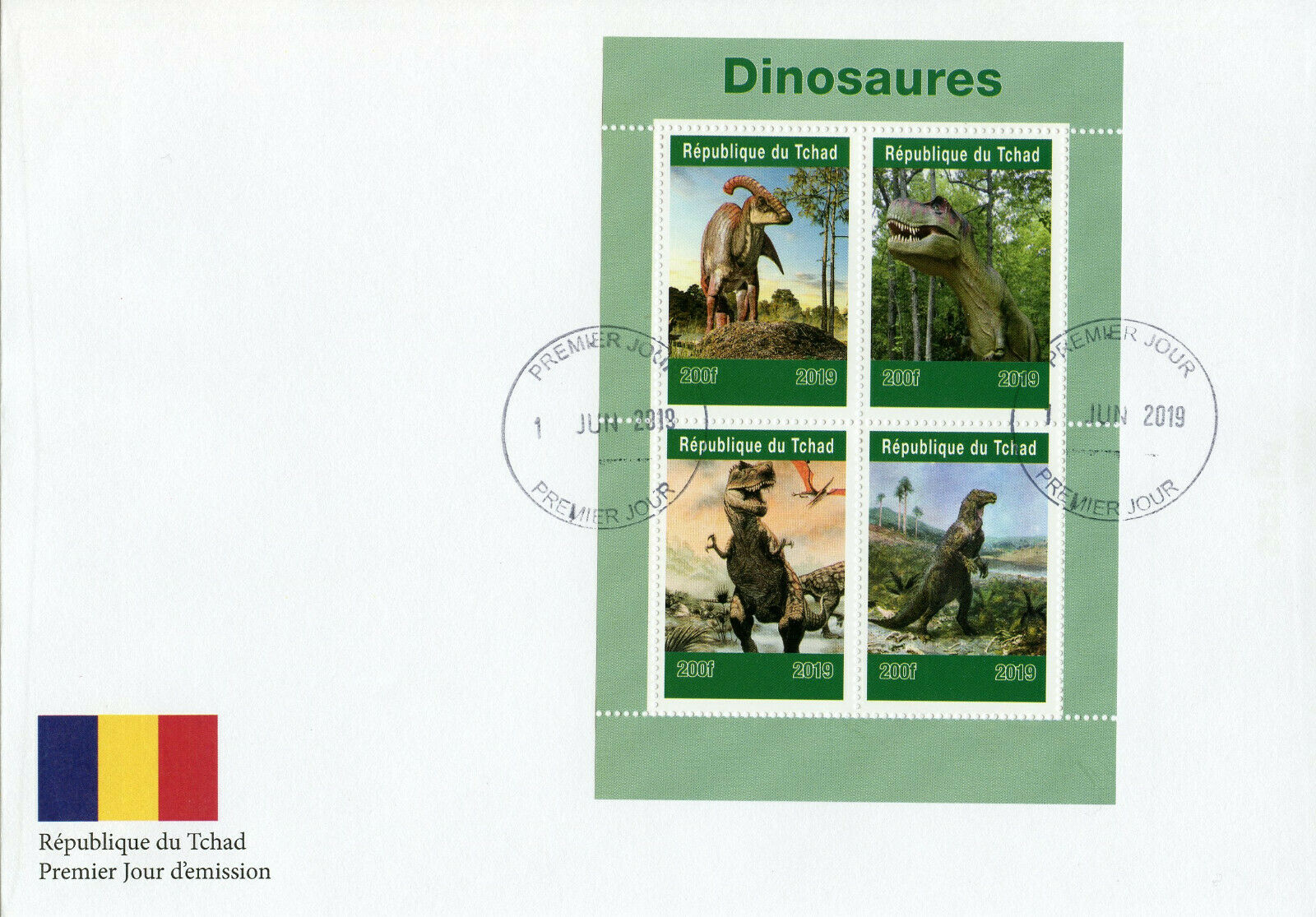 Chad 2019 FDC Dinosaurs T-Rex 4v M/S Cover Dinosaur Prehistoric Animals ...