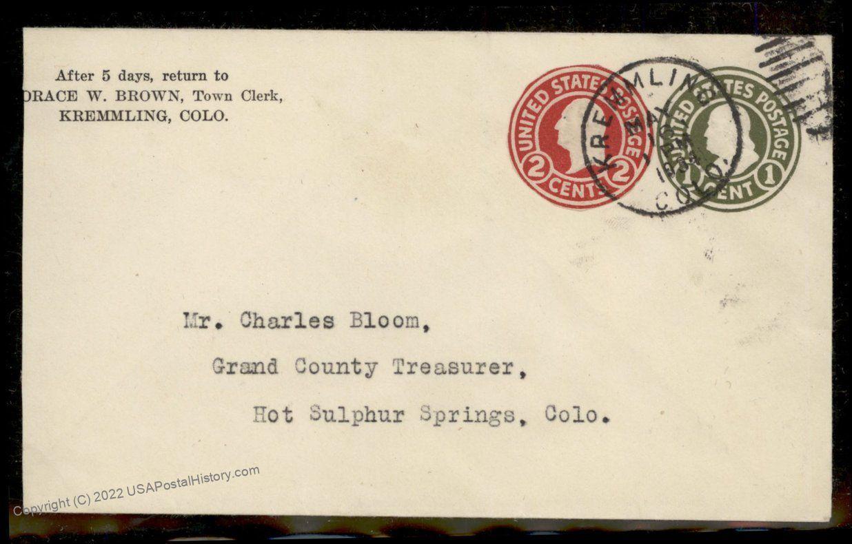 USA 1934 Colorado KREMMLING COLO 2c Cutout Cover Hot Sulphur Springs ...