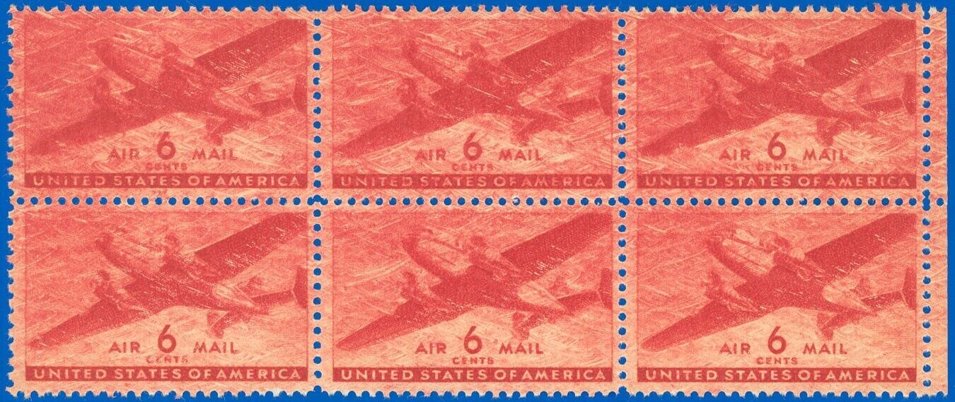 USA EFO FREAK Red Ink Smear! Scott #C25 Airmail Block/6 Stamps! Really ...