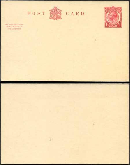 CP76 KGV 1d + 1d Carmine Inland Reply Card Stamp L14 Format CF13 Mint ...
