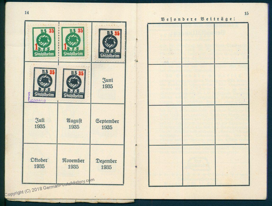 3rd Reich NSDAP DFB Stahlhelm Membership Book Dues Revenue Stamp 78839 ...