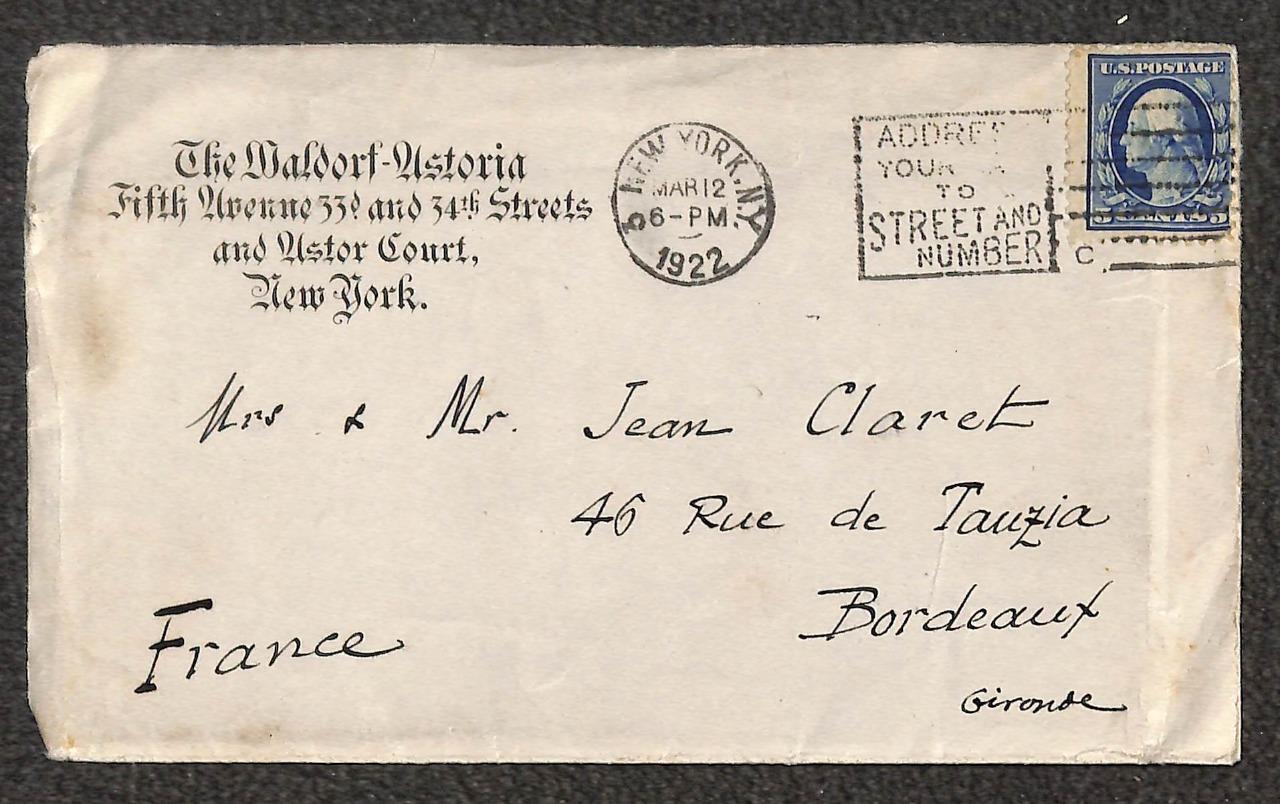 USA 504 Stamp Waldorf Astoria Hotel New York to France AD Cover ...