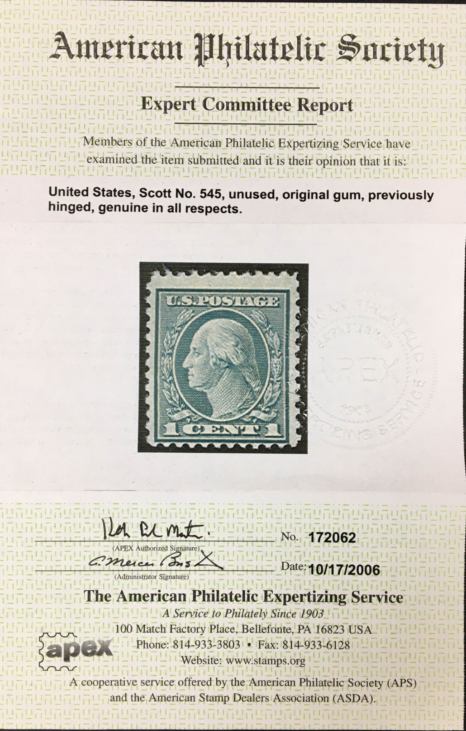 US Stamps # 545 Mint OG LH **Aps Cert** LOT #8520 | United States ...