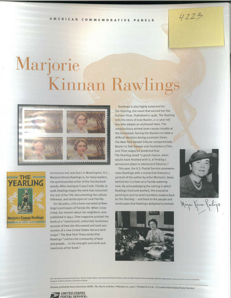 Usps Commemorative Panel #810 Marjorie Kinnan Rawlings #4223 | United ...