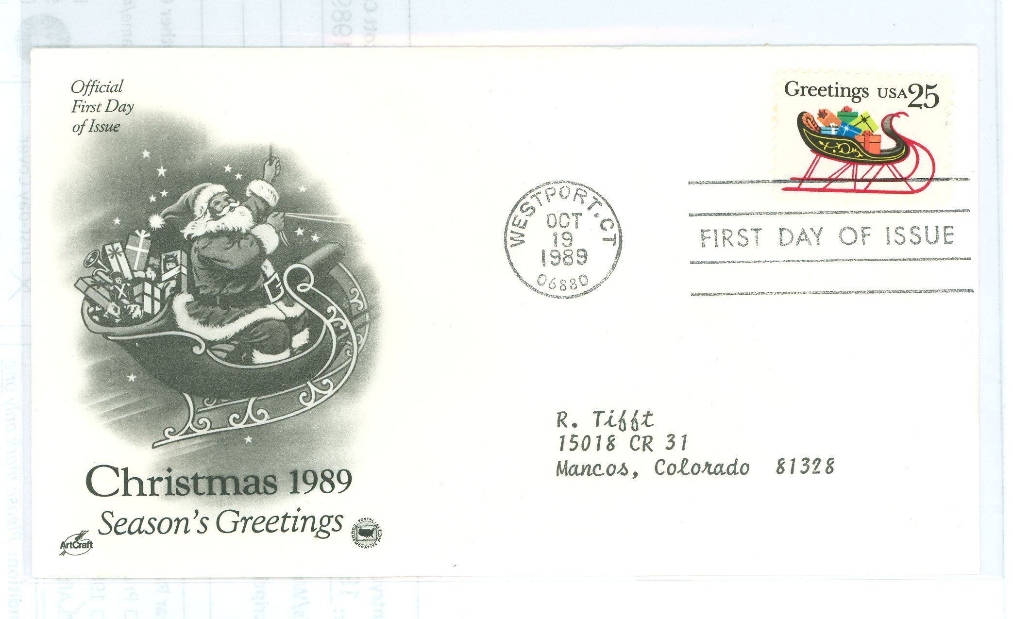 US 2429 1989 Christmas, typed address. FDC | United States, Stamp ...