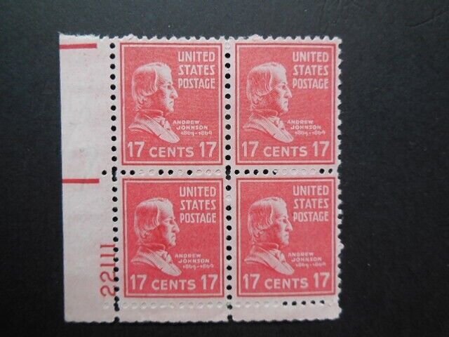 #822 17c Andrew Johnson Plate Block #22911 LL MNH OG F/VF "Includes New ...