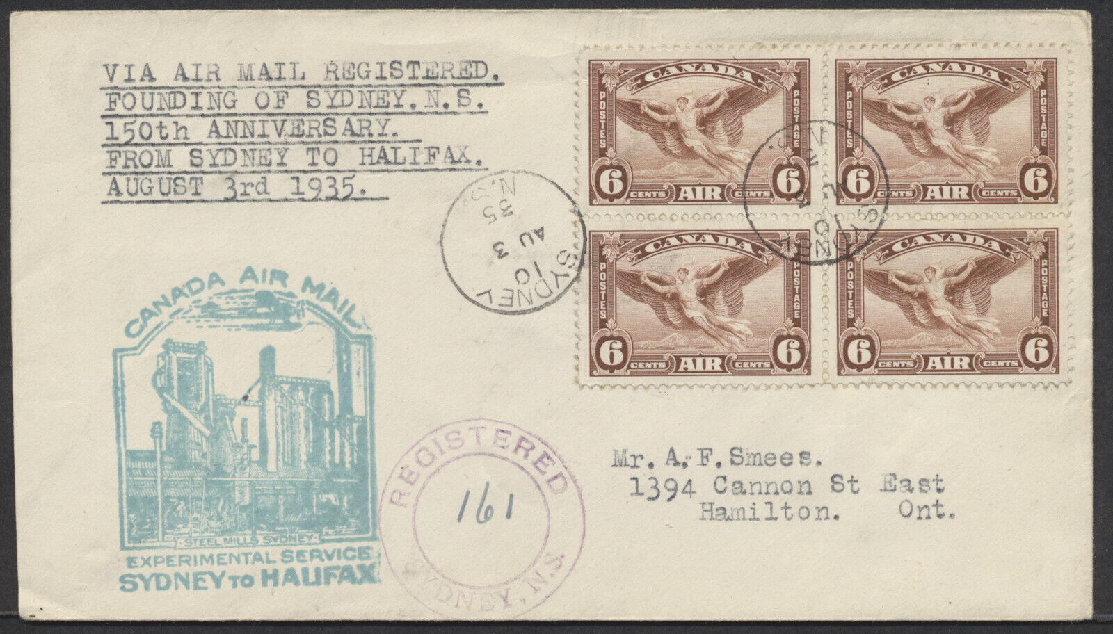 1935 Flight Cover Registered AUG 3 Sydney NS to Halifax #C5 Block ...