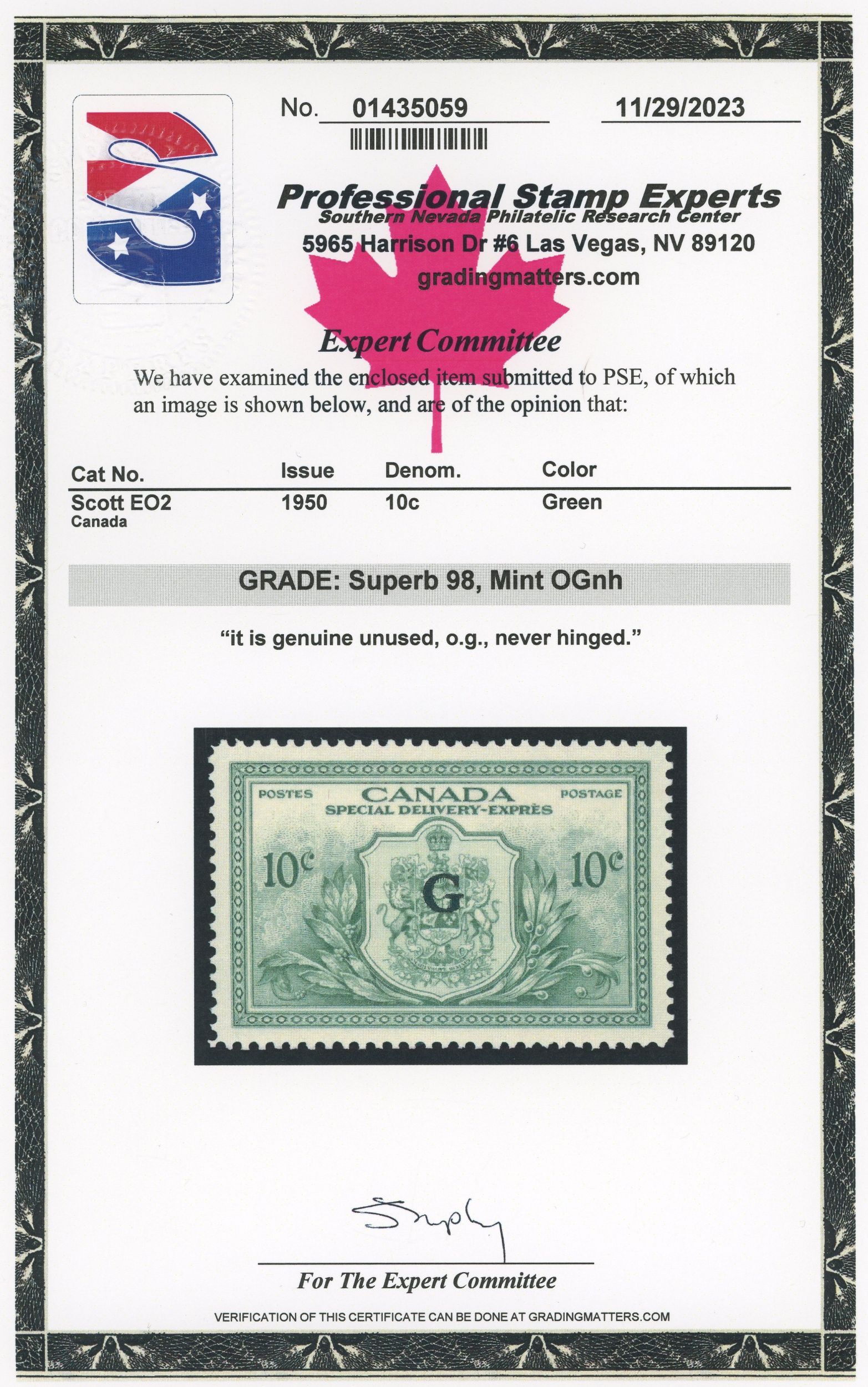 Canada EO2 - 10 cent Official Spec Del - PSE Graded Cert: Superb 98 ...