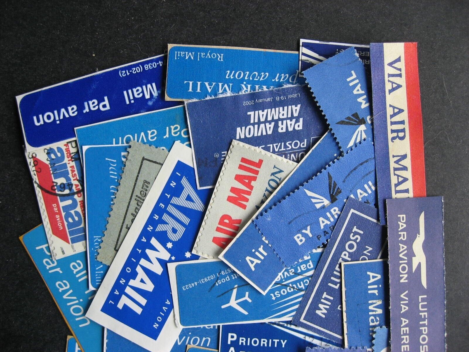 Airmail labels 27 different, types, styles, fonts, see pictures ...