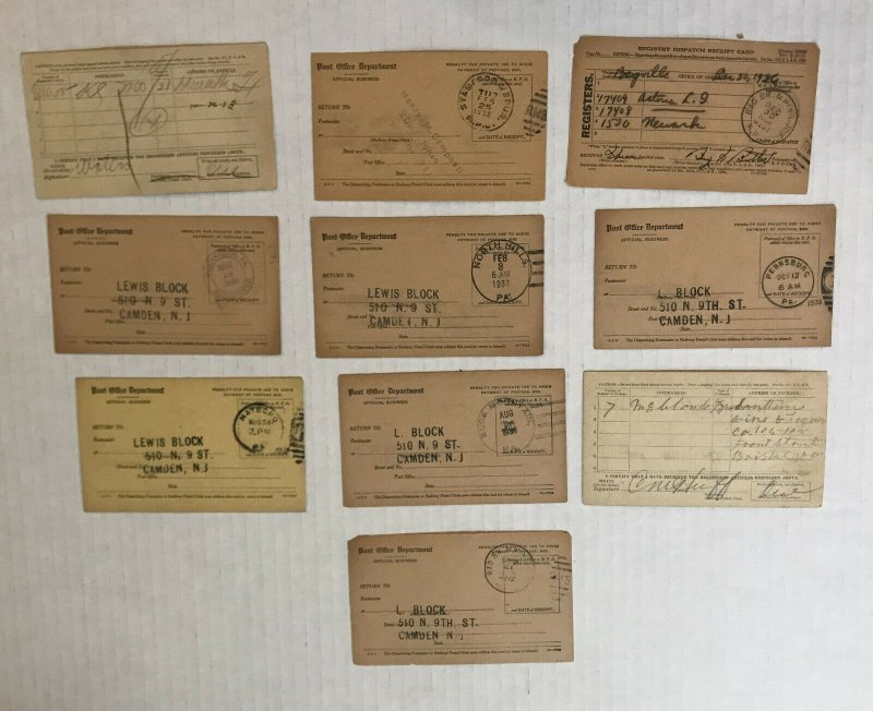 10 registered package receipt/ despatch cards with RPO postmarsk 1914 ...