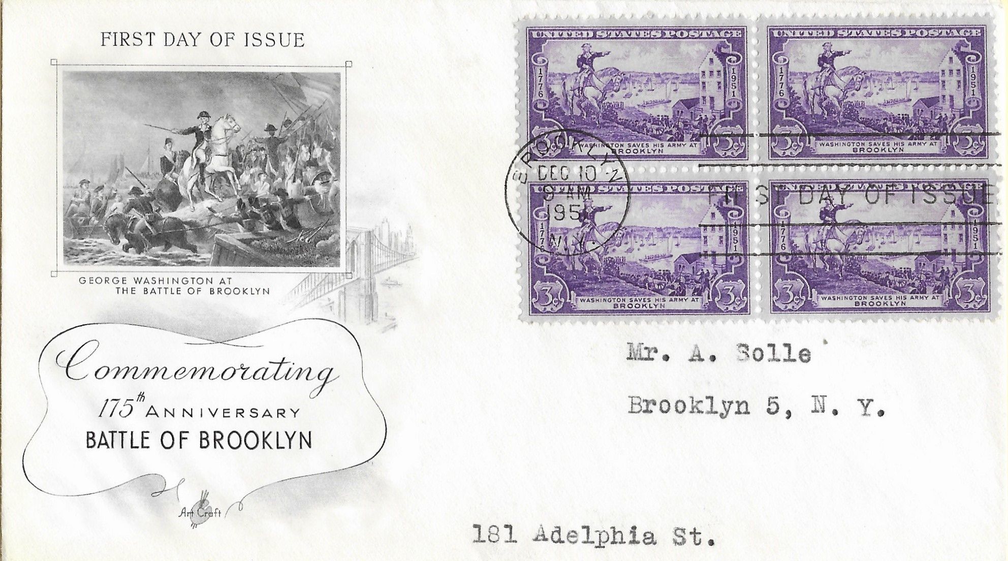 1951 FDC, #1003, 3c Battle of Brooklyn, Art Craft, block of 4 | United ...