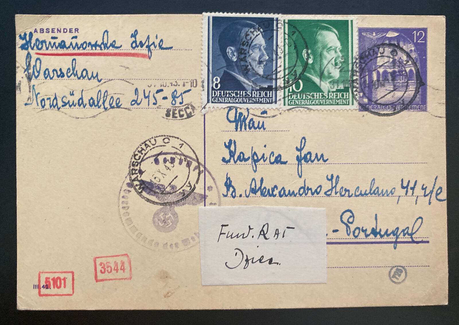 1943 Warsaw GG Germany PC Chemical Cemsored Cover To Undercover Address ...