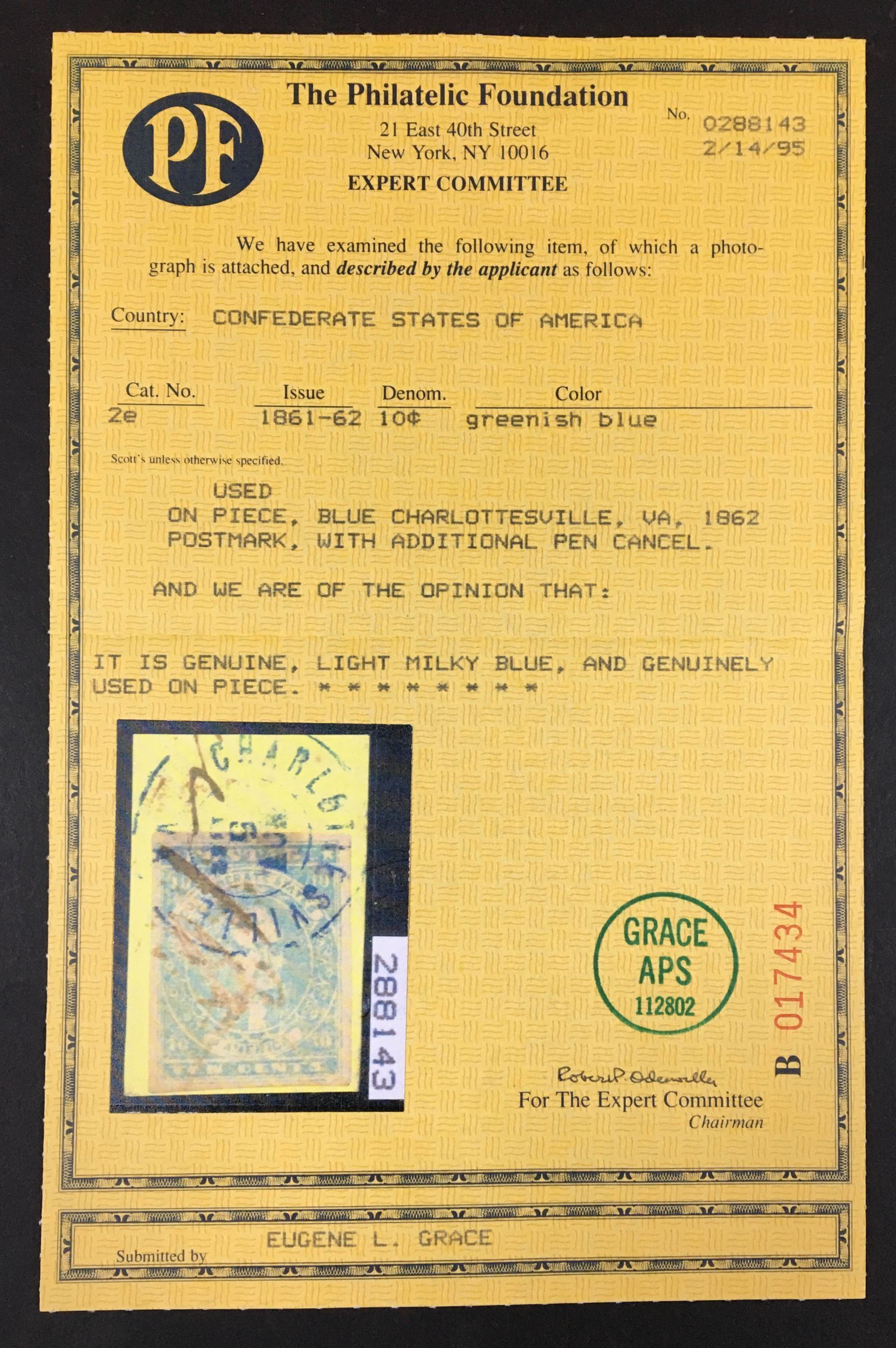 US Stamps CSA # 2e Used on Piece Light Milky Blue PF Cert $325 LOT ...