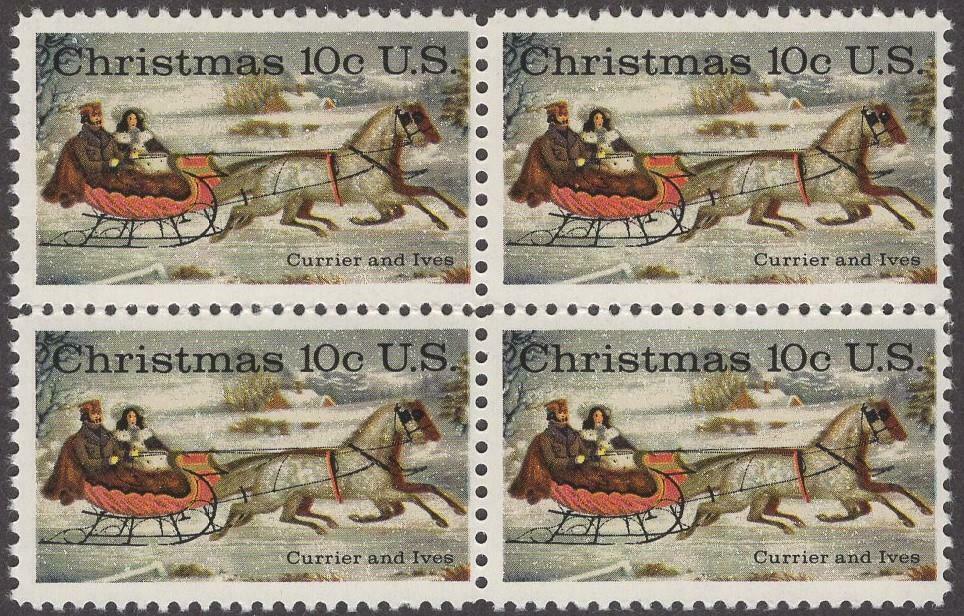 1974 Currier & Ives Christmas Block of 4 10c Postage Stamps, Sc#1551 ...