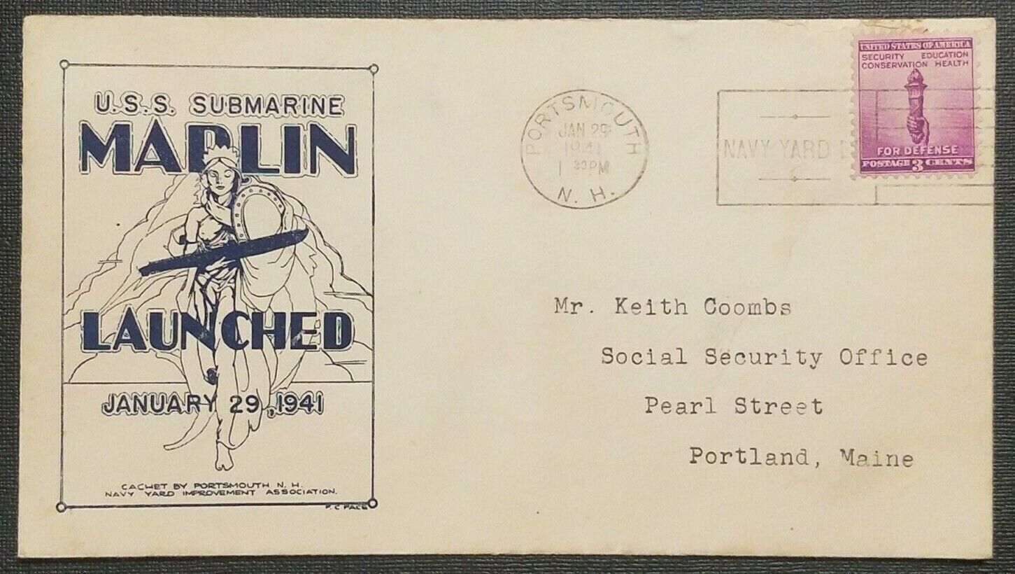 1941 WWII Navy USS Submarine Marlin Cachet Portsmouth NH to Portland ME ...