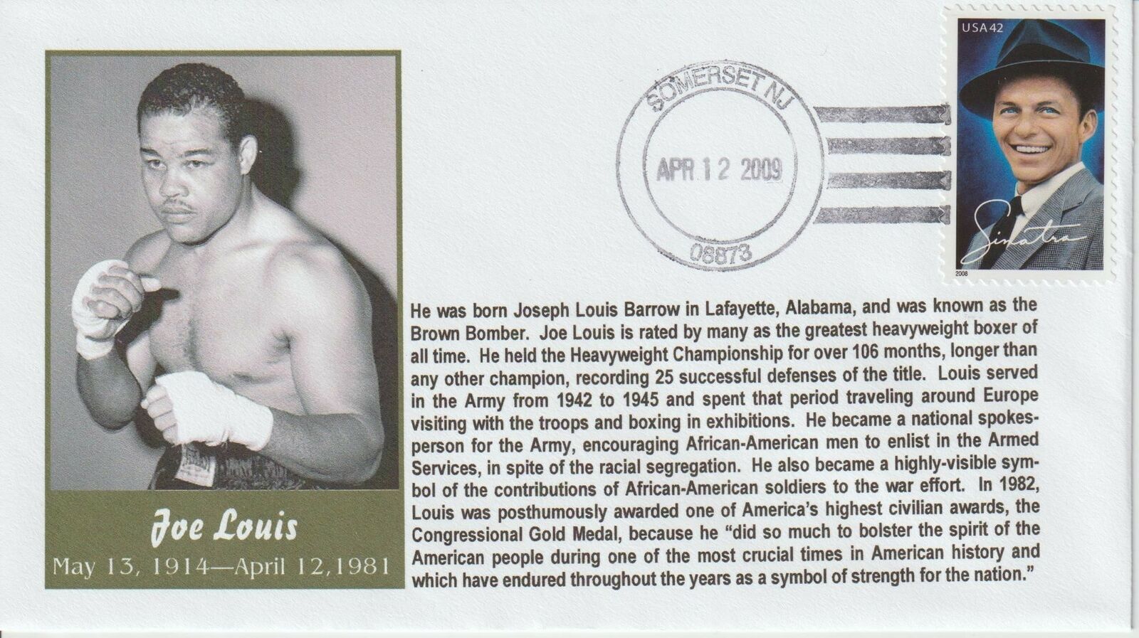6° Cachets Joe Louis Death Anniversary April 12 Symbol WWII Army 1942 ...