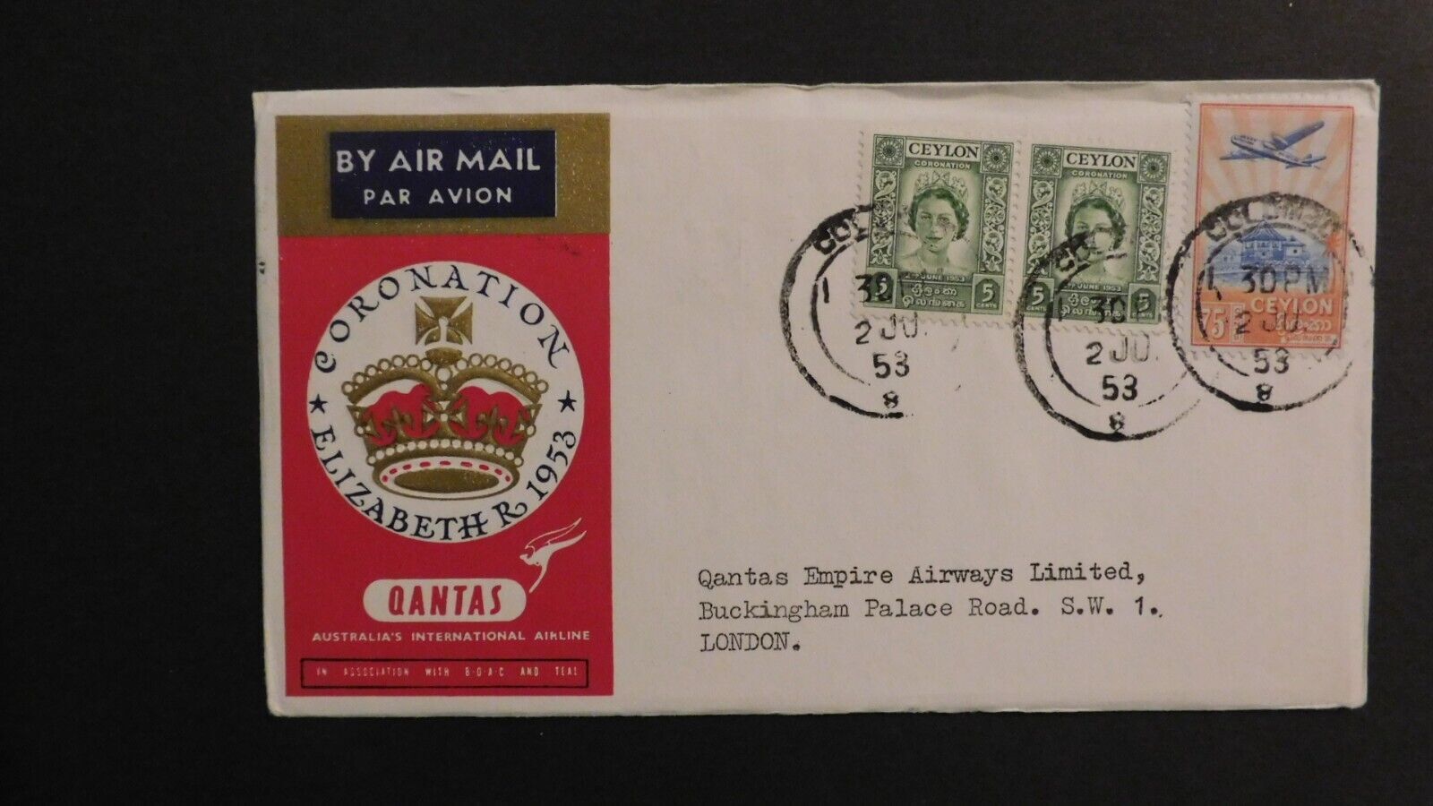 1953 Ceylon Coronation QE2 Cover Queen Elizabeth II England Qantas ...