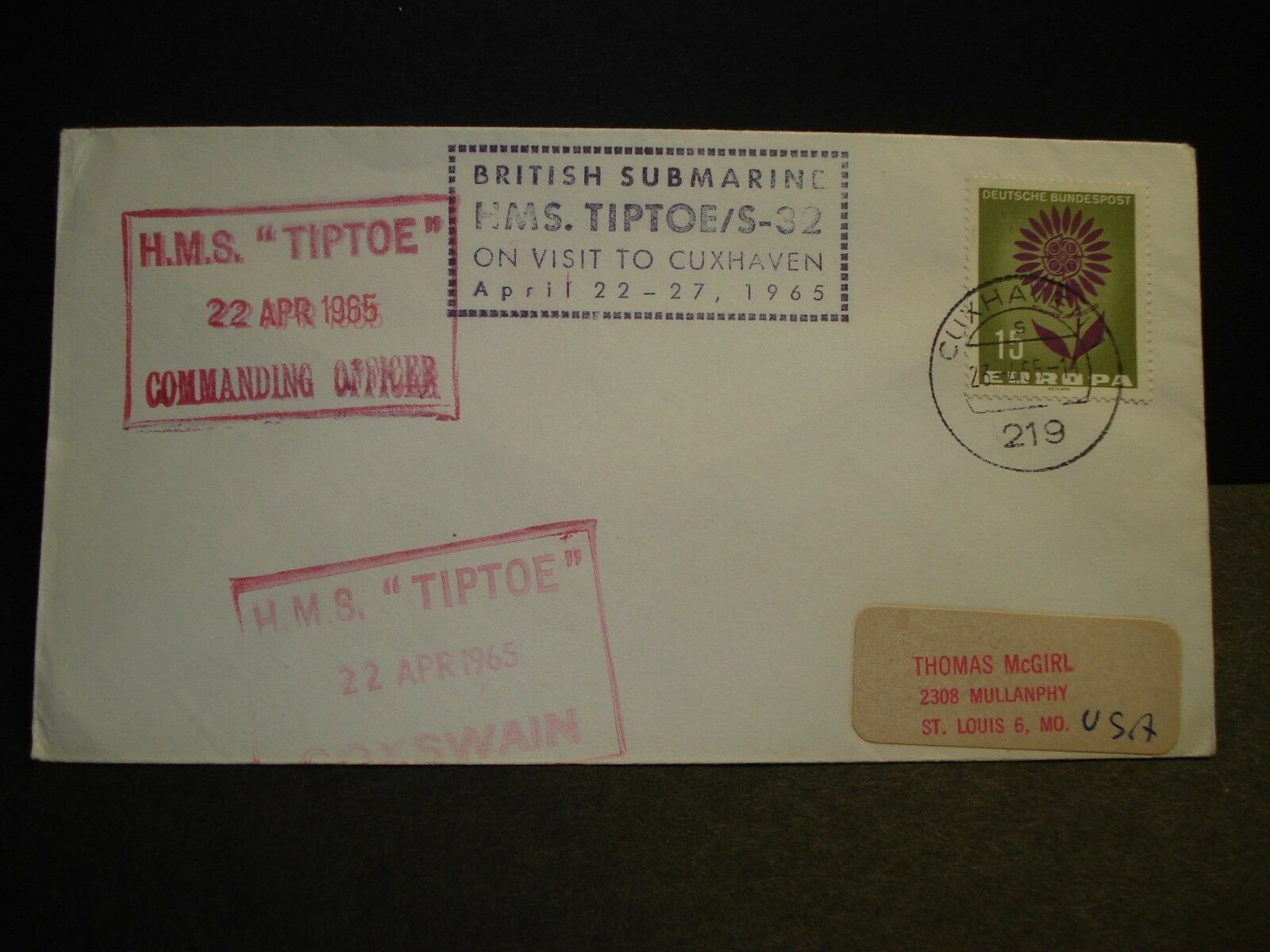 British Submarine HMS TIPTOE S-32 P332 Naval Cover 1965 CUXHAVEN ...