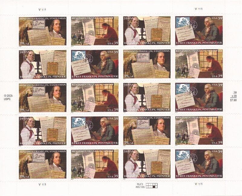US Stamp - 2006 Benjamin Franklin - 20 Stamp Sheet - Scott #4021-4 ...