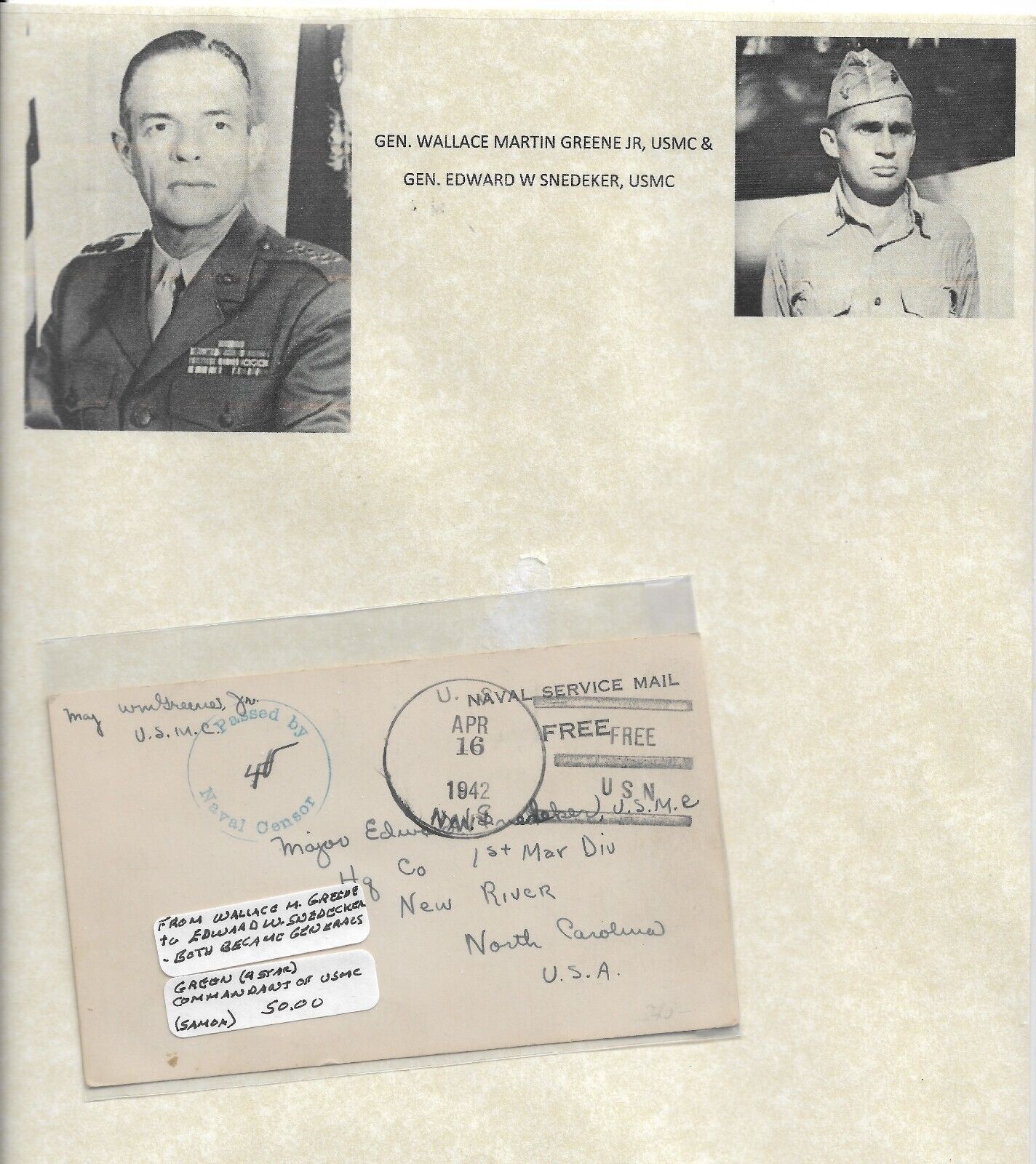 1942 Major Wallace Greene USMC, Samoa to Major Edward Snedeker USMC ...