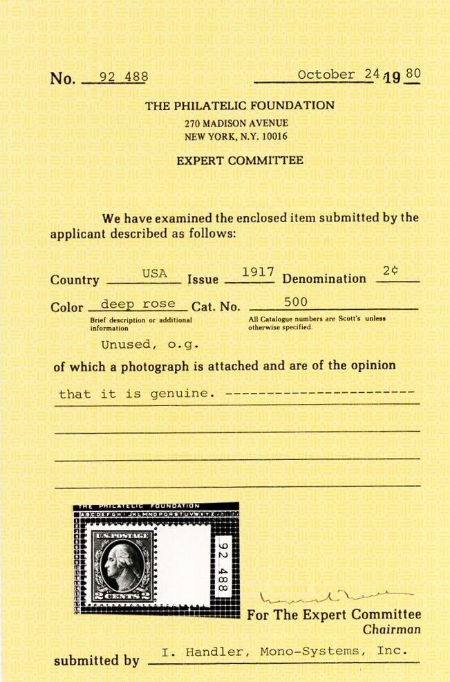 500, Mint NH 2¢ With PFC Certificate RARE STAMP * Stuart Katz | United ...