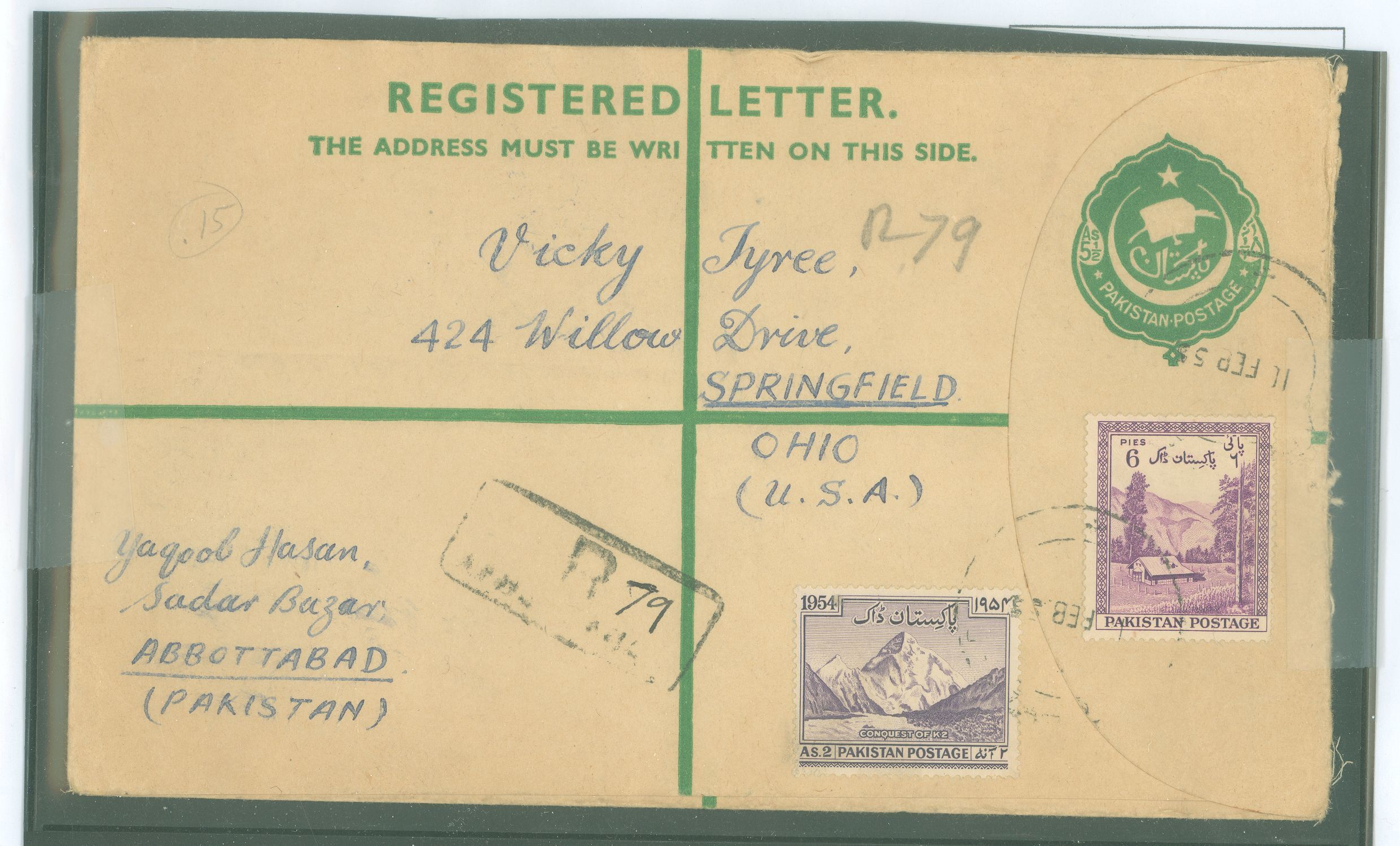 Pakistan 1955 5 1/2 Anna Registration Envelope 'Abbottabad' to USA ...