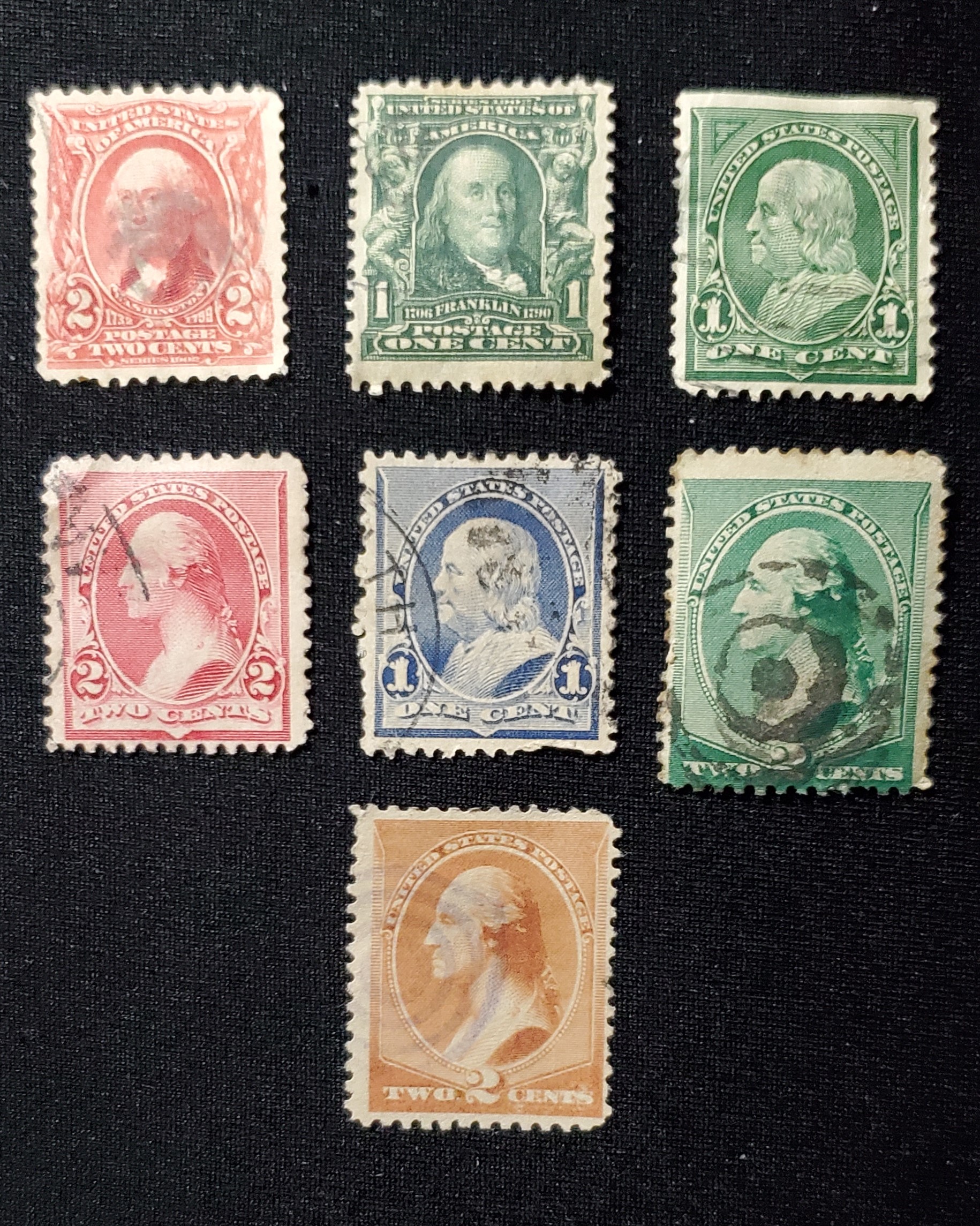 US, 210 and more -- 7 Washington and Franklin stamps from 1880s ...
