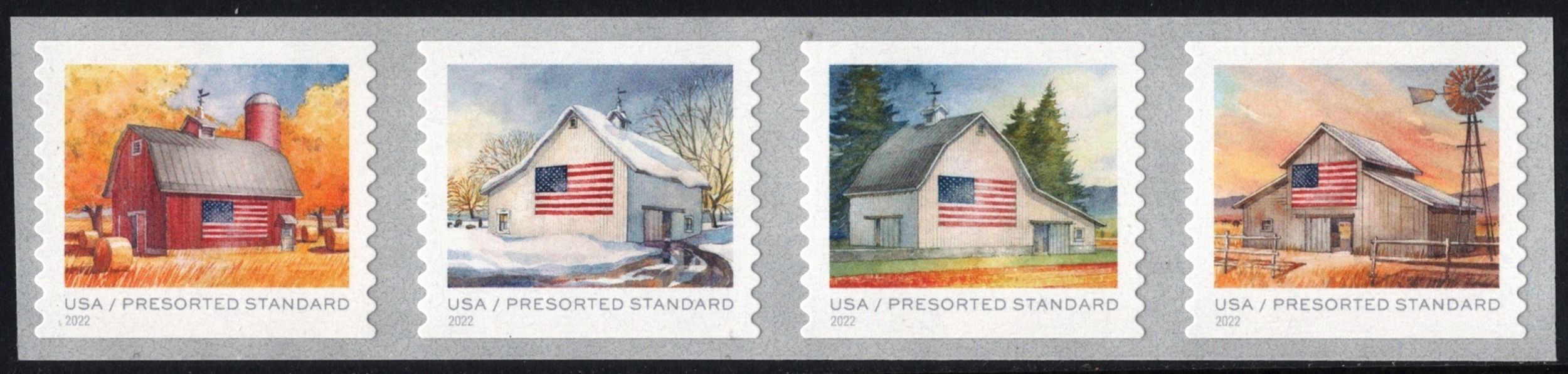 SC#5684-87 (Presorted Standard) Flags on Barns Coil Strip of Four (2022 ...