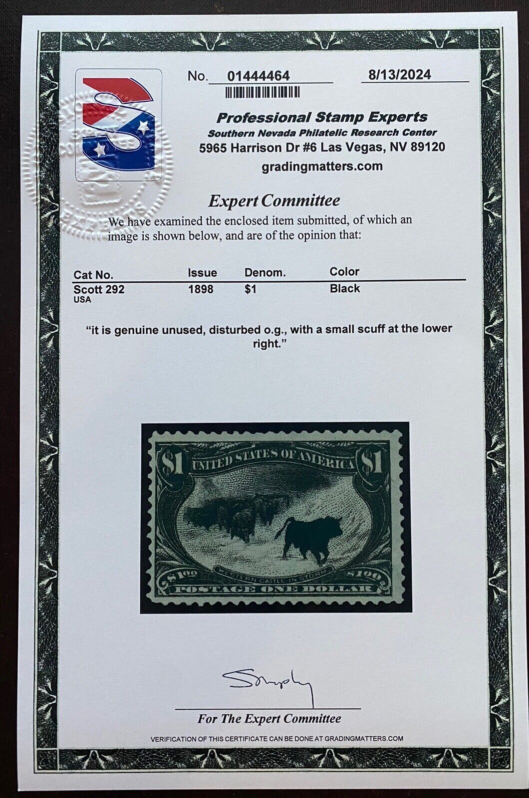 US Stamps-SC# 292 - MOG Gum Disturbed - PSE Cert - SCV = $$1,500.00 ...