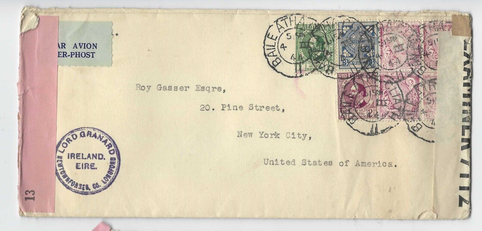 WW2 Ireland Censored Cover NYC Irish & US Censors 7 Stamps | Europe ...
