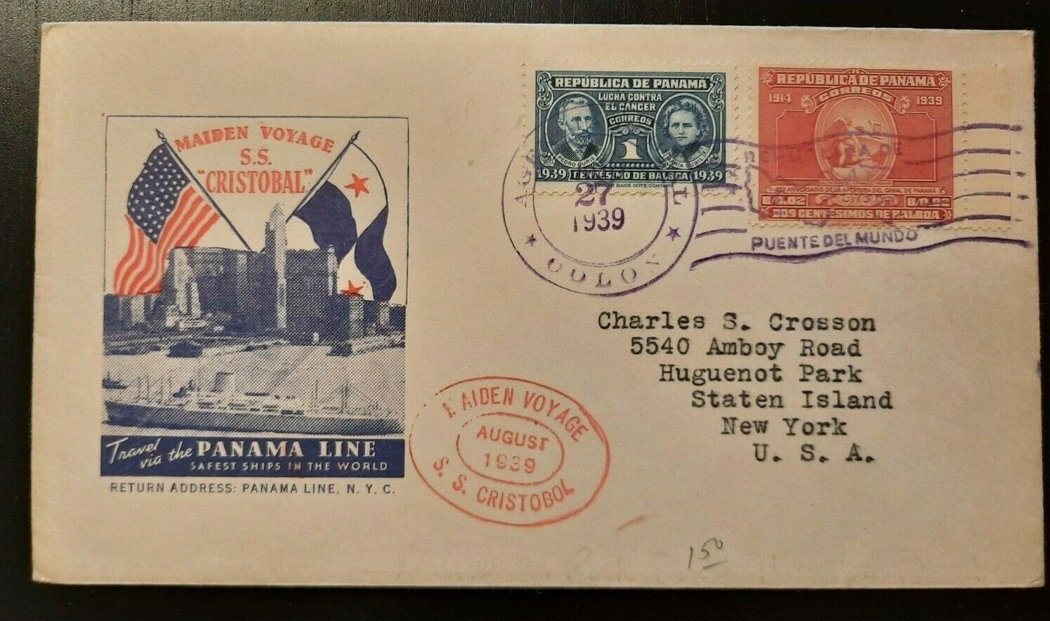 1939 Maiden Moyage SS Cristobal Aux Illustrated Colon Panama Staten ...