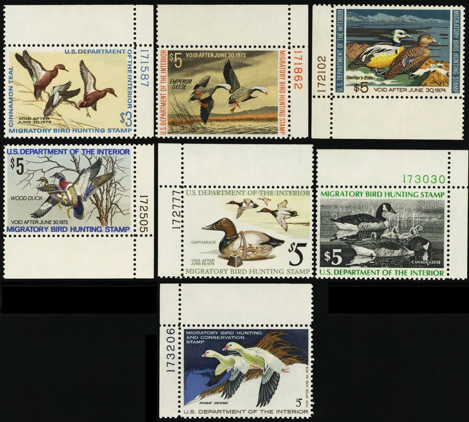 RW38-44, Mint VF NH PL# Set of 7 Federal Duck Stamps SCV $146.00 ...