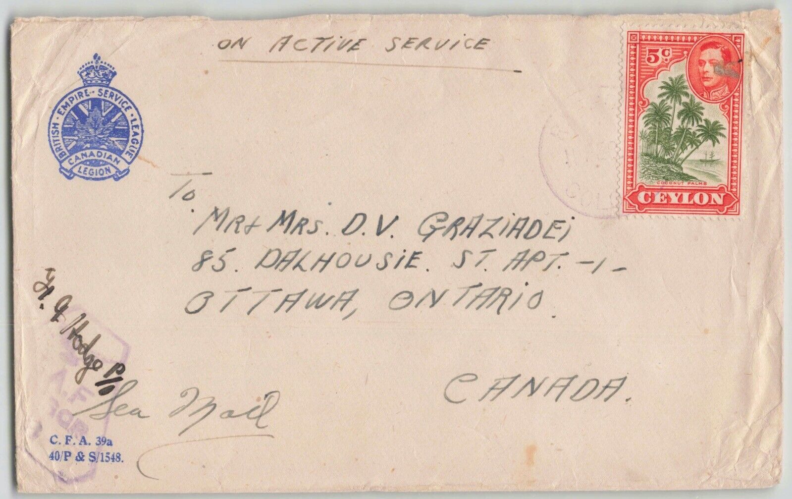 Ceylon 1940s Canadian Air Force RCAF Censored Cover RAF Colombo to ...