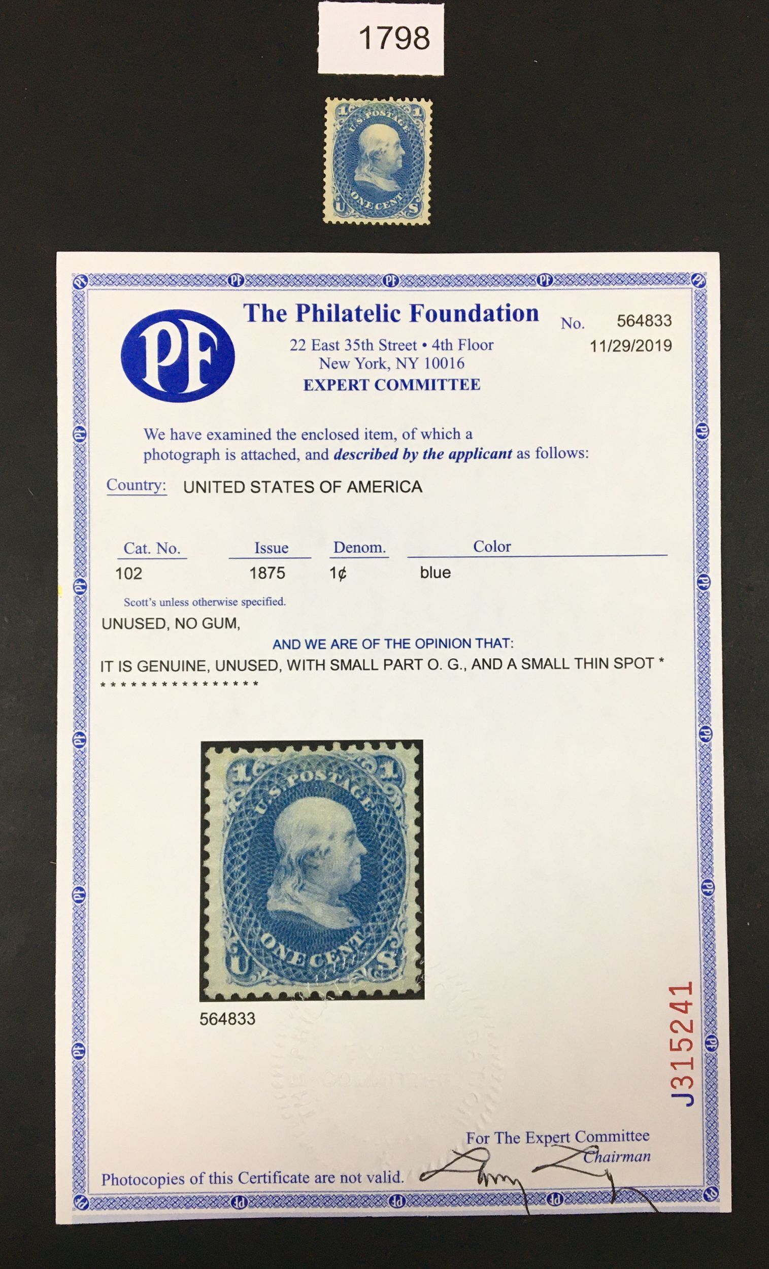 US Stamps # 102 Mint OG H **Pf Cert** $750 LOT #F 1798 | United States ...