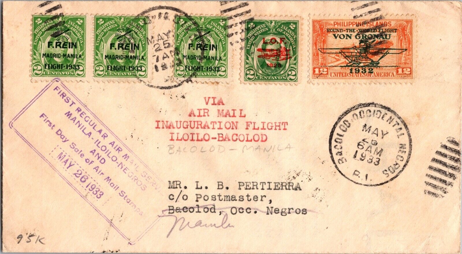1933 Philippines Manila First Flight Regular Air mail Cover Iloilo ...